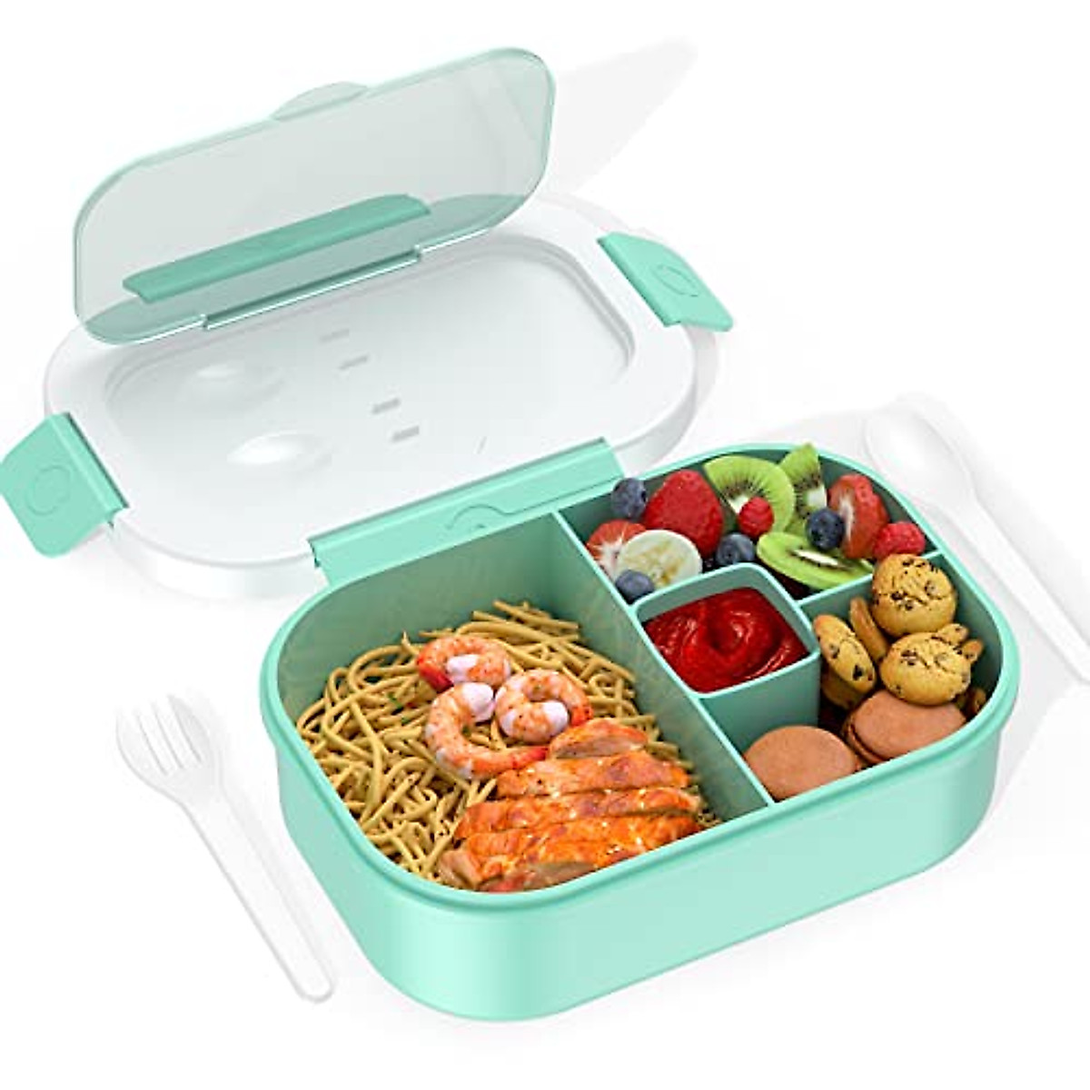 RGNEIN Bento Box Adult Lunch Box, 1300 ML 4-Compartment Bento Lunch Box for Kids, No BPA, Lunch Containers for Adults Come with Fork and Spoon, Leak Proof, Microwaveable, Dishwasherable (Green)
