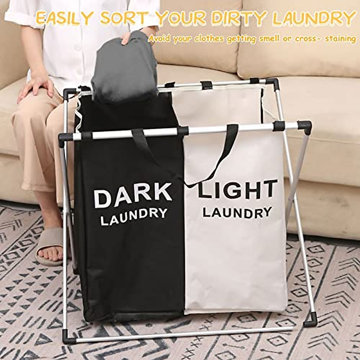 Laundry Basket, 136L Laundry Hamper 2 Section Clothes Laundry Bin Sorter, Waterproof Foldable Washing Storage Bags for Dirty Clothes, Toys, Towel in Bathroom Bedroom Organization (White+Black)