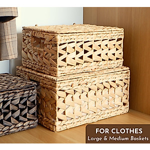 CHI AN HOME 14 Inch Wicker Storage Baskets with Lids, Set of 3 Rattan Lidded Hyacinth Baskets for Organizing, Woven Large Rectangular Basket Boxes, Basket with Top, Decorative Chest Organizer