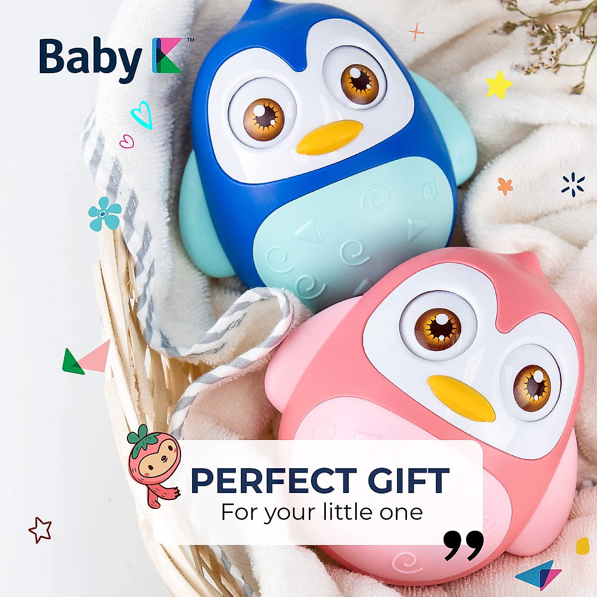 BABY K Penguin Weeble Wobble Toys (Blue) - Tummy Time Wobbler for Montessori Babies - Musical Roly Poly Toy - Shakes, Rolls and Jingles - Developmental Toys for Newborn Infants 3-6, 7-9, 12-18 Months