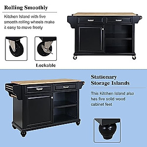 Rolling Kitchen Island Cart with 5 Universal Wheels and 5 Solid Wood Cabinet Feet,Greenguard Gold Certified,Kitchen Island with Rubberwood Drop Leaf-Mobile Kitchen Island with Storage and Drawer,Black