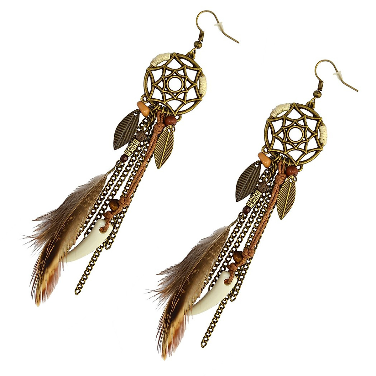 Punk Vintage Long Tassel Feather Beads Drop Wolf Tooth Pendant Earring Fish Hook Earrings (Brown A)