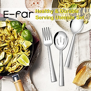 Square Serving Utensils Set of 6, E-far Stainless Steel 8.7 Inch Hostess Serving Set, Metal Serving Spoon Slotted Spoons Forks for Party Buffet Catering, Mirror Finished & Dishwasher Safe