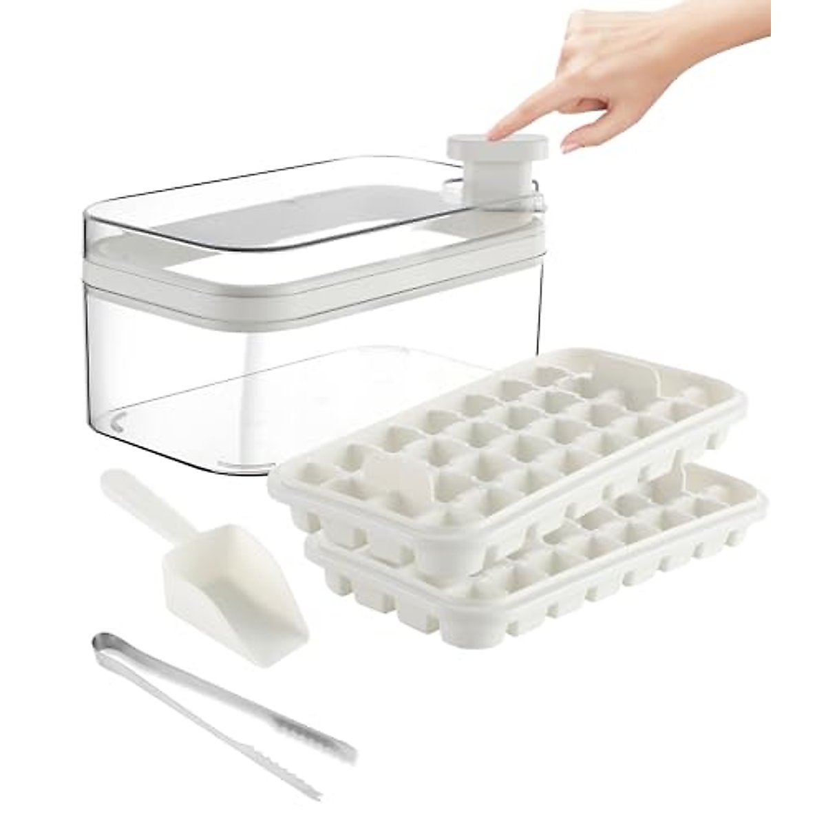 Ice Cube Trays with LId and Bin, Easy Release Ice Trays for Freezer, 2 Pack Ice Cube Molds, 64 Pcs Ice Cube Tray, Large Capacity Ice Tray Holder, Includes Ice Tong, Ice Spoon, for Whiskey, Cocktail.