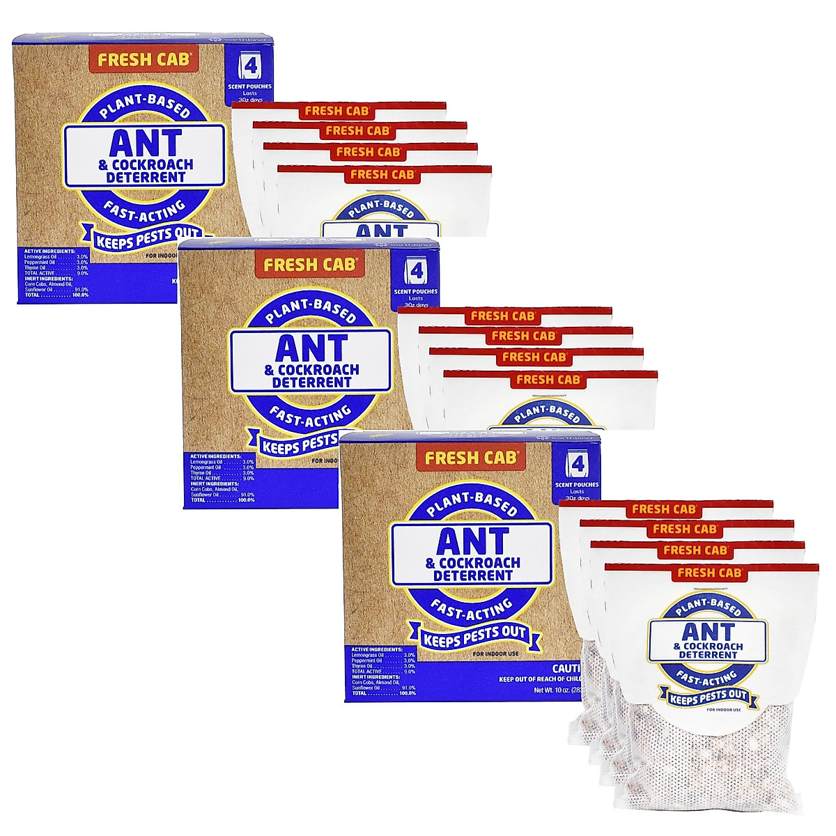 Fresh Cab Ants & Cockroaches Deterrent - Indoor Botanical Pest Control - Safe for Kids & Pets When Used as Directed - Made with Peppermint Essential Oil - 12-Pack (3)