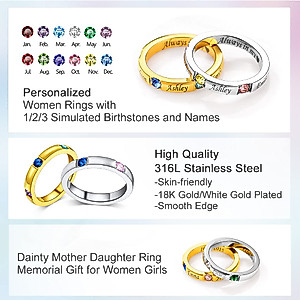 Personalized Mothers Day Rings with 3 Birthstones Engravable Stainless Steel Grandmother Ring Stones Customized Memorial Jewelry Gifts