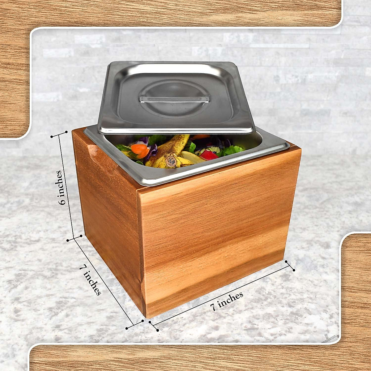 BelleMark Kitchen Compost Bin- Rust Proof Stainless Steel Insert, Countertop Compost Bin with Lid and Acacia Wood Box- Small Compost Bin Kitchen