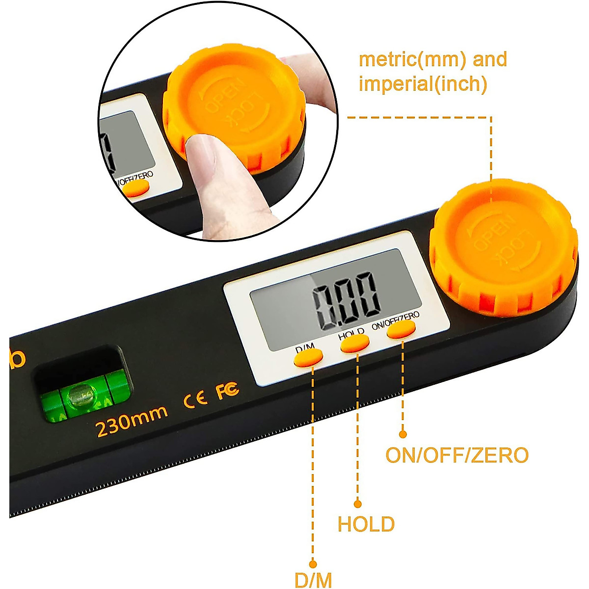 Rainyb Digital Angle Finder Tool 7inch 0-360 degree LED Digital Protractor with Horizontal Vertical Bubble Levels and Ruler Meter Accurate Tools for Carpenters,Woodworkers,Fabricators