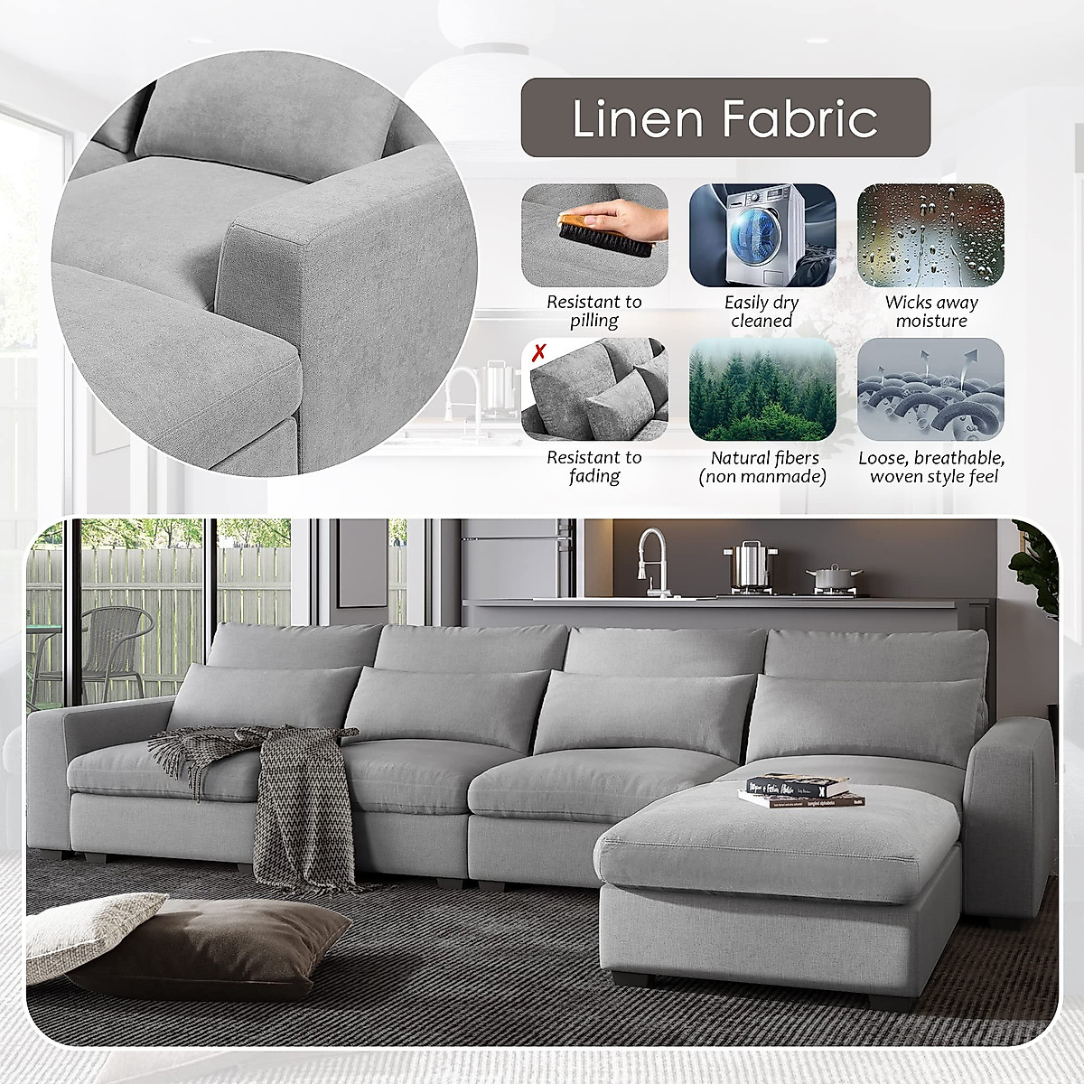 kevinplus 130'' Sectional Sofa Couch for Living Room, Large 4-Seat L-Shape Modern Sofa Couch with Convertible Ottoman, Feather Filled Reversible Sofa Couch with Waist Pillows, Lighr Grey