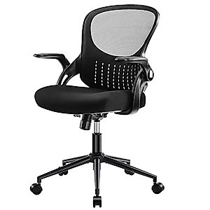 SMUG Office Computer Gaming Desk Chair, Ergonomic Mid-Back Mesh Rolling Work Swivel Chairs with Flip-up Arms, Comfortable Lumbar Support, Comfy Arms for Home, Bedroom, Study, Student, Adults, Black