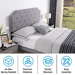 QZhommer Full Size Bed Frame, Modern Upholstered Platform Bed with Adjustable Button Tufted & Riveted Headboard with Wood Slat Support, Easy Assembly, No Box Spring Needed(Grey)