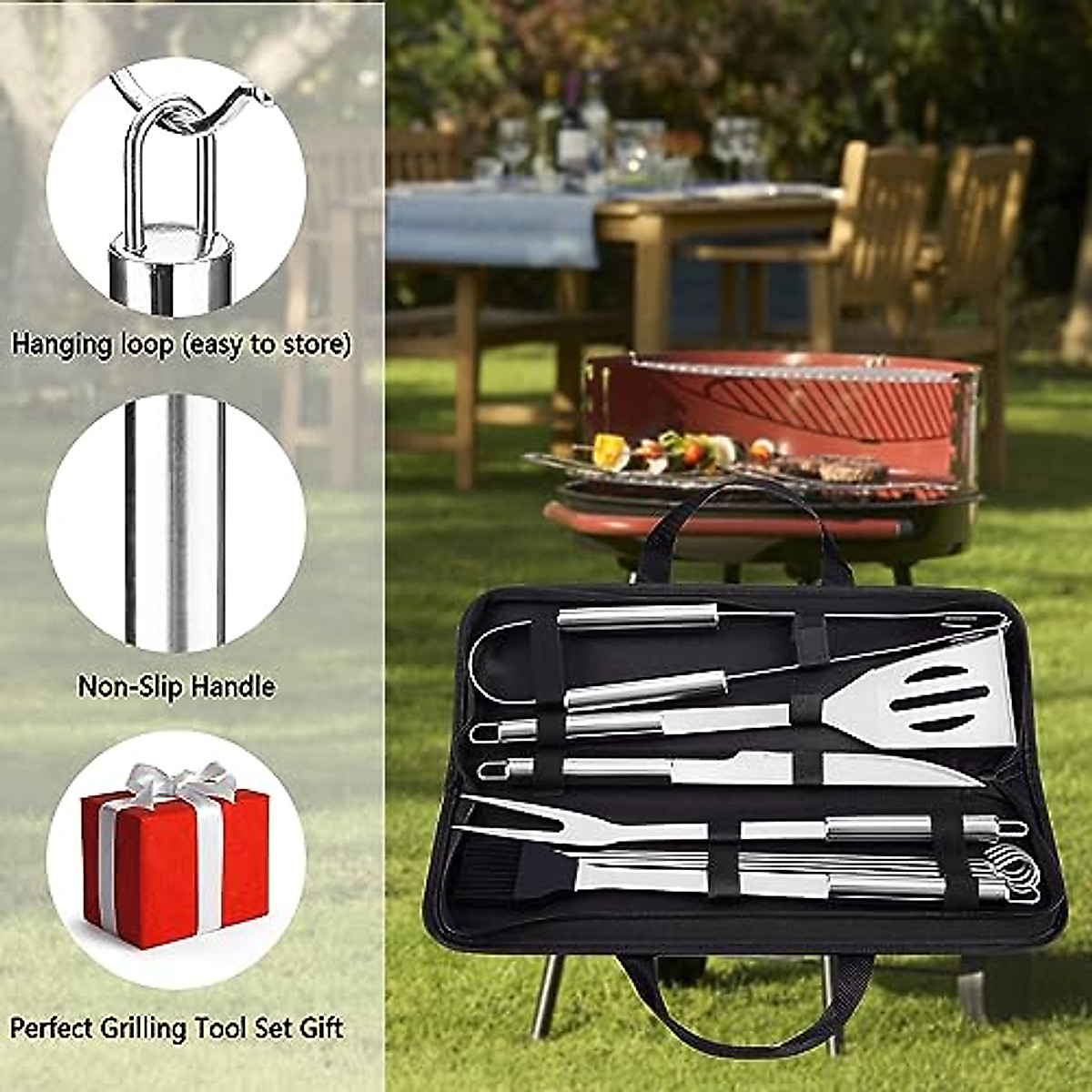 Piduules 9pcs BBQ Grill Accessories Set, Multifunctional Stainless Steel Barbecue Tools Set in Case for Outdoor Picnic, Camping, Smoking, Grilling