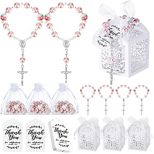 100 Pcs Baptism Favors Set Includes 25 Pcs Mini Rosary 25 Pcs Baptism Favor Boxes 25 Pcs White Organza Bags 25 Pcs Kraft Thank You Tags for Christening Communion Baby Shower Party Decorations (Pink)