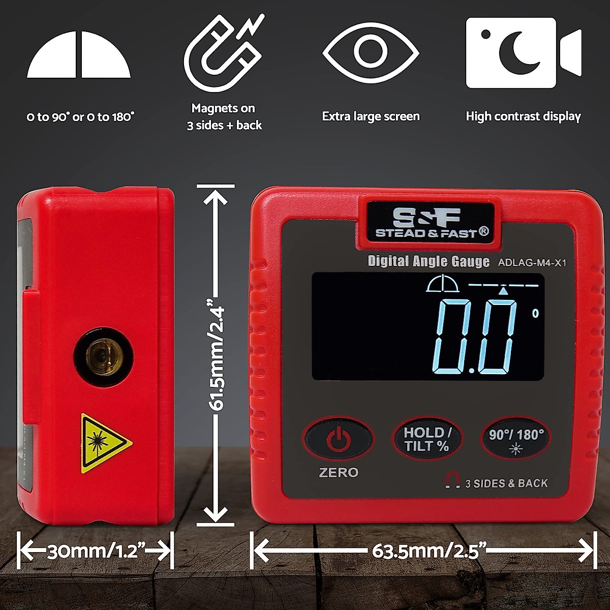 S&F STEAD & FAST Digital Angle Gauge Magnetic with Laser, 4 Magnets, Measures and Sets Angles, Angle Cube Protractor Level with Case, Angle Finder Tool for Table Saw, Woodworking