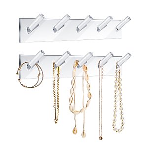 1 Pcs Acrylic Wall Mounted Necklaces Organizer with 6 Hooks Clear Adhesive Jewelry Wall Mount Hanging Hooks for Necklaces Bracelets Rings Chains