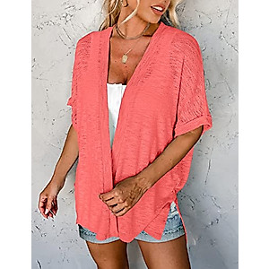 MEROKEETY Womens 2023 Summer Lightweight Cardigan Short Sleeve Open Front Casual Loose Cover Ups,Coral,XXL