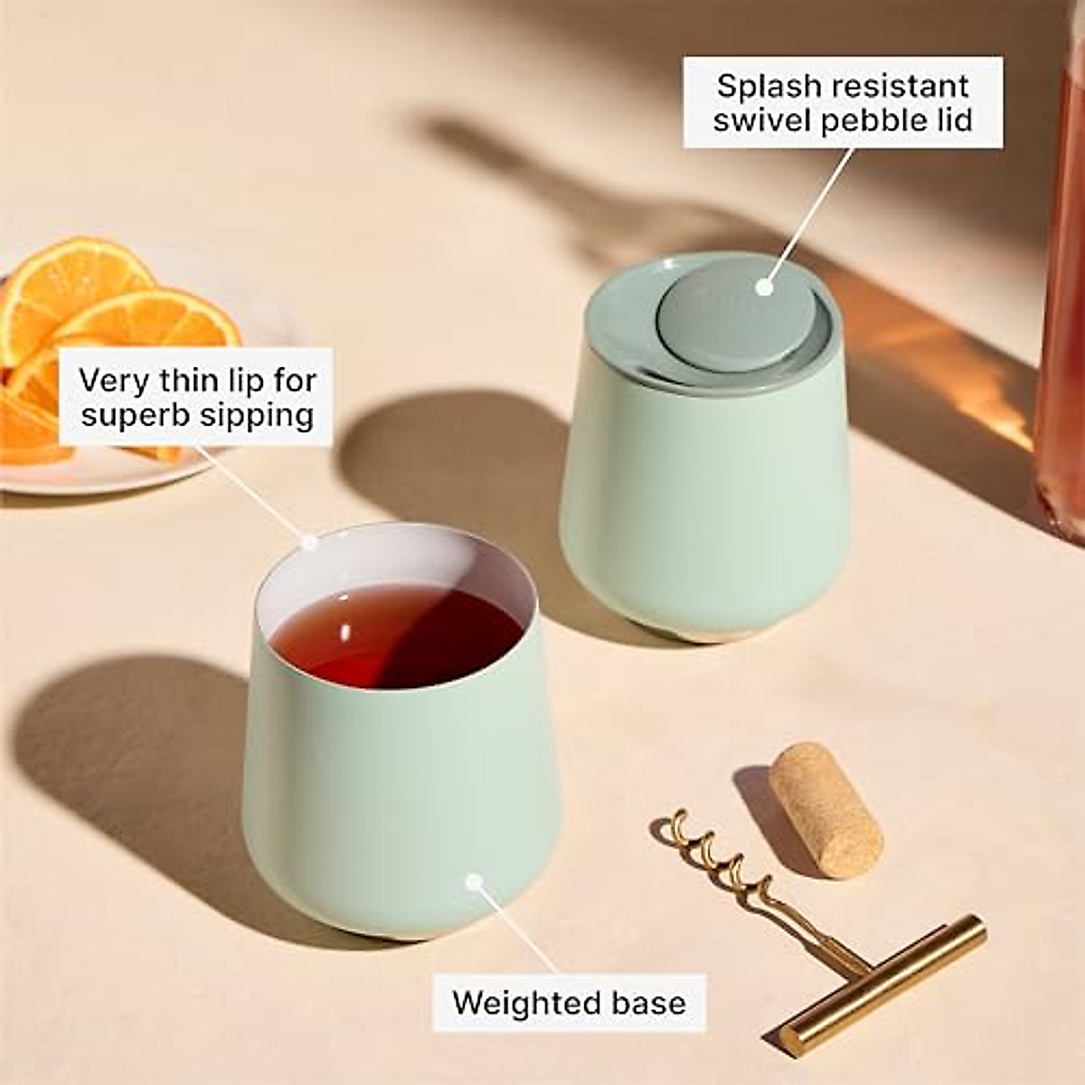 Fellow Ruby Wine Tumbler Set of 2 - ​​Insulated Stainless Steel Wine and Cocktail Tumblers with Ceramic Interior and Swivel Pebble Lid - 12 oz, Mint Chip