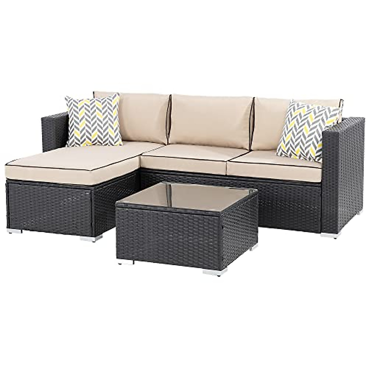 Walsunny 3 Piece Patio Furniture Set Outdoor Sectional Sofa with Upgrade Rattan Wicker Conversation Loveseat Couch(Black Rattan)(Khaki/Black)