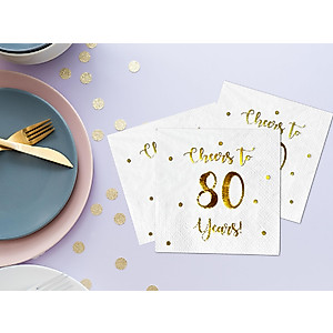 Cheers to 80 Years Cocktail Napkins | Happy 80th Birthday Decorations for Men and Women and Wedding Anniversary Party Decorations | 50-Pack 3-Ply Napkins | 5 x 5 inch folded (White)