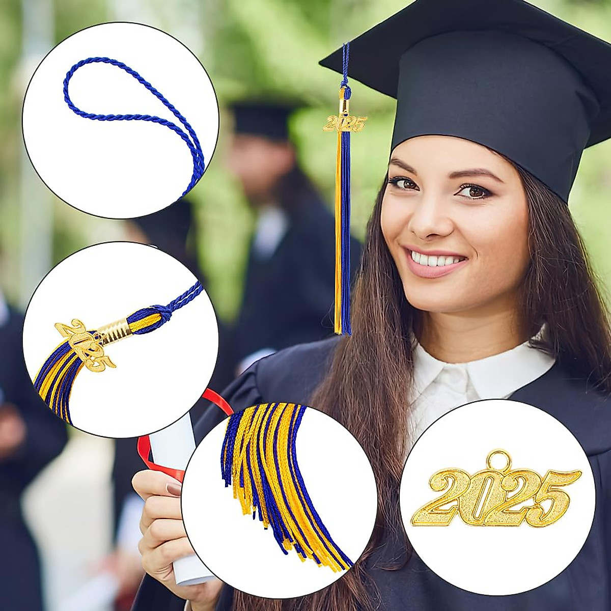 2025 Graduation Tassel 1PC,Graduation Cap Tassels Charm for 2025 Grads,2025 Tassel with 2025 Year Gold Date Charms for Graduate Parties Ceremonies Souvenir,Graduation Hat Decoration 9'' Blue Gold