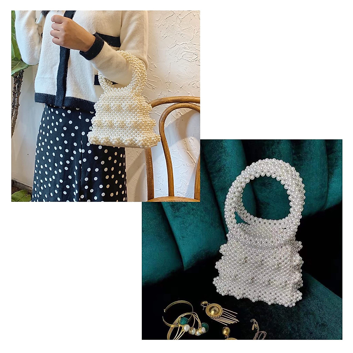 YUSHINY Women Acrylic Beaded Ladder Evening HandBag Box with Zipper Closure for Wedding Party (Black)