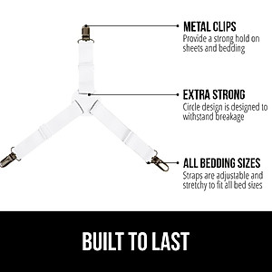 GORILLA GRIP Patent Pending Bed Sheet Straps, Adjustable Elastic Fasteners with Metal Clips, Keep in Place Fitted Bedding Holder, Easy Install Suspenders Mattress, Firm Tight Accessories, 4 Pack White
