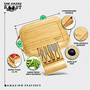 Bamboo Cheese Board And Knife Set - Wooden Charcuterie Tray with Leather Handles and Slide Out Drawer - Entertaining Essential for Wine and Cheese Lovers - Cheese Boards Charcuterie Boards