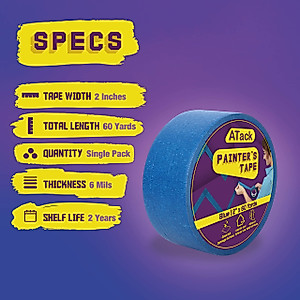 ATack Professional Blue Painter's Tape, 2" x 60 Yards (Single Roll), Sharp Edge Line Technology - Produces Sharp Lines and Residue-Free Artisan Grade Clean Release Wall Trim Tape