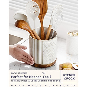 getstar 360° Rotating Kitchen Utensil Holder, Large Ceramic Cooking Utensil Holder for Kitchen Counter with Rotatable and Detachable Wooden Base