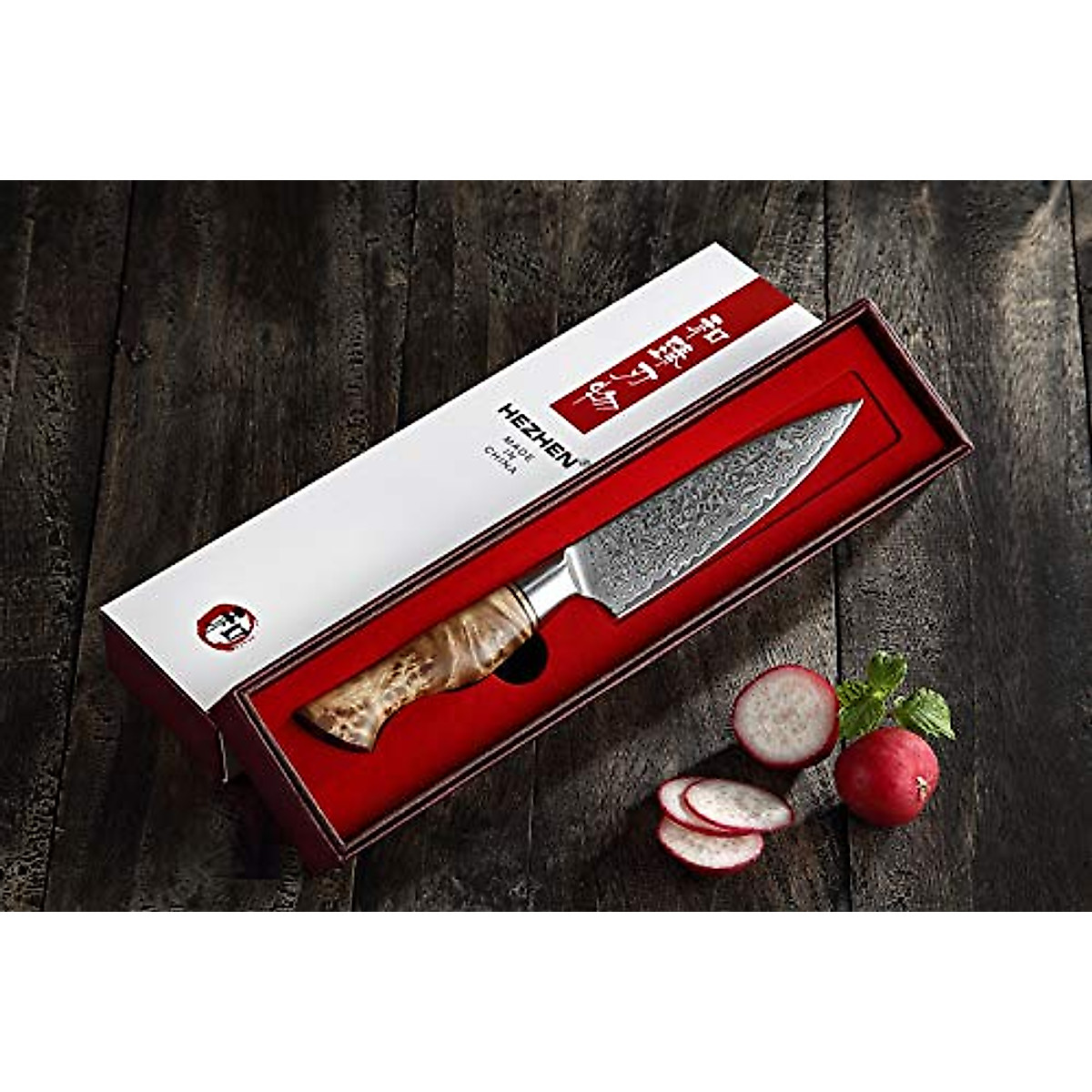 HEZHEN 5 inch Utility Knife with Razor Sharp- Damascus Steel with Rose Pattern Multifunctional VG10 Professional Paring-Fruit knife- Master Series Ergonomic Figured Sycamore Wood Handle
