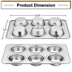 LIANYU Muffin Cupcake Pan Set of 2, Nonstick Muffin Pans Tin 6 Cups, Stainless Steel Dessert Muffin Top Pan Tray for Baking Oven, & Dishwasher Safe
