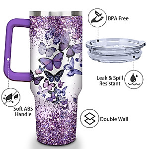 Thmasamwr Butterfly Tumbler With Lid, Straw and Handle - 40oz Stainless Steel Travel Coffee Mug Water Bottle - Gift Cups for Women and Girls