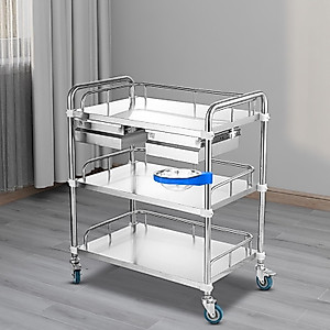 BBIJK 304 Stainless Steel Trolley, Beauty Salon Treatment Carts 3 Tier Lab Cart Portable Serving Utility Rolling Carts with Heavy-Duty Caster with Brake, 80*48*86cm
