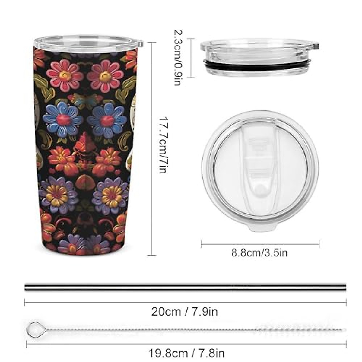 ZXDSKGYN 20 Oz Tumbler With Straw Leak Proof Thermos Cup, Sugar Skulls Stainless Steel Insulated Travel Coffee Mug Fit for Car Cup Holder