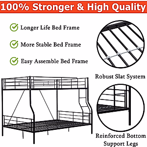 FUSVZ Metal Full XL Over Queen Bunk Beds for Adults, Heavy-Duty Bunk Bed Full XL Over Queen Size with Ladder for Kids Boys Girls Teens, Convertible to 2 separate beds, Weight capacity: 600 lbs (Black)