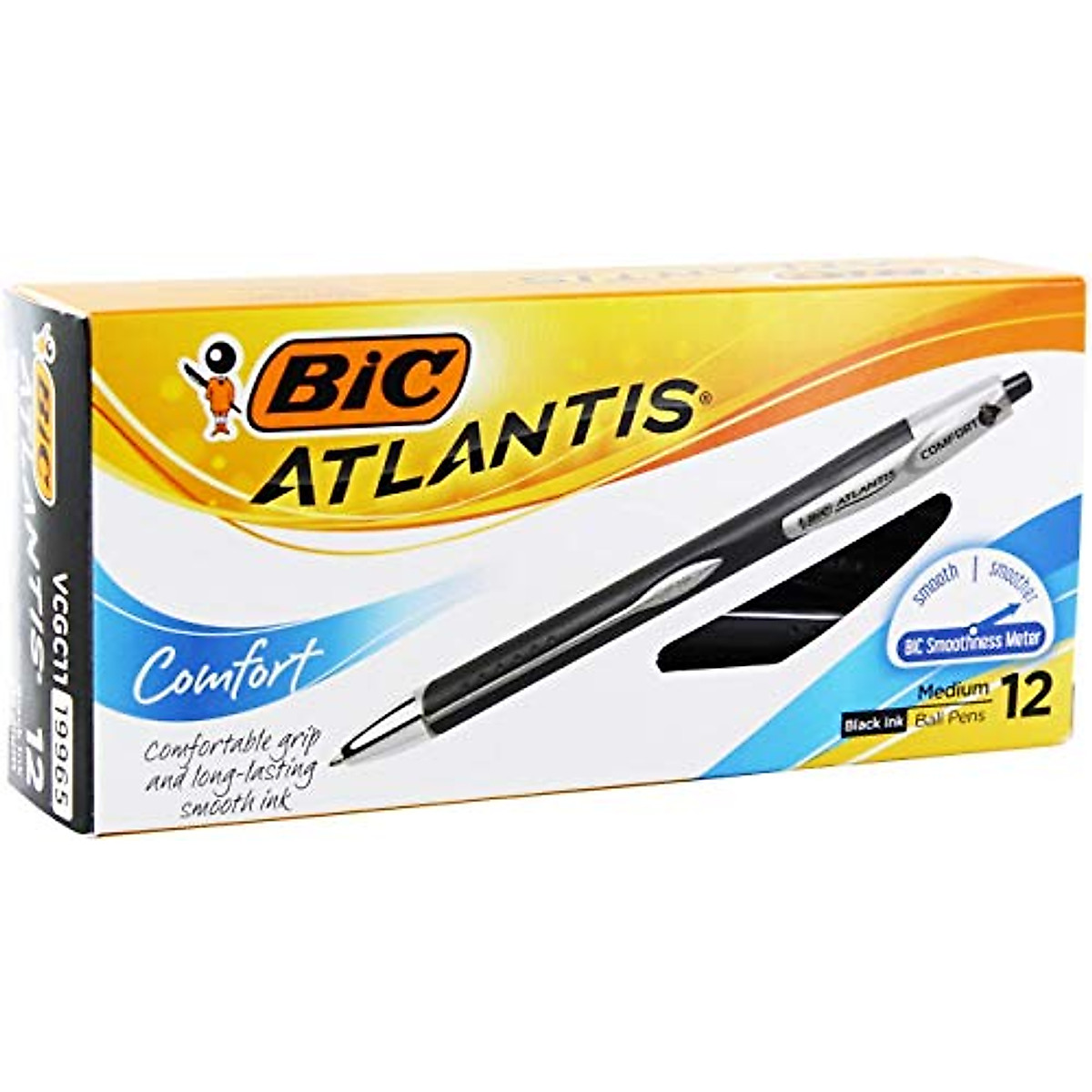 BIC VCGC11BK Atlantis Comfort Retractable Ballpoint Pen, Black Ink, 1.2mm, Medium, Dozen