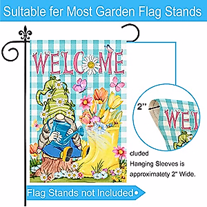 Spring Garden Flag, Spring Flags 12x18 Double Sided, Burlap Hello Spring Yard Flag with Gnomes Boots Blossoms Butterfly Welcome Seasonal Vertical Summer Signs for Outdoor Outside Lawn Decorations