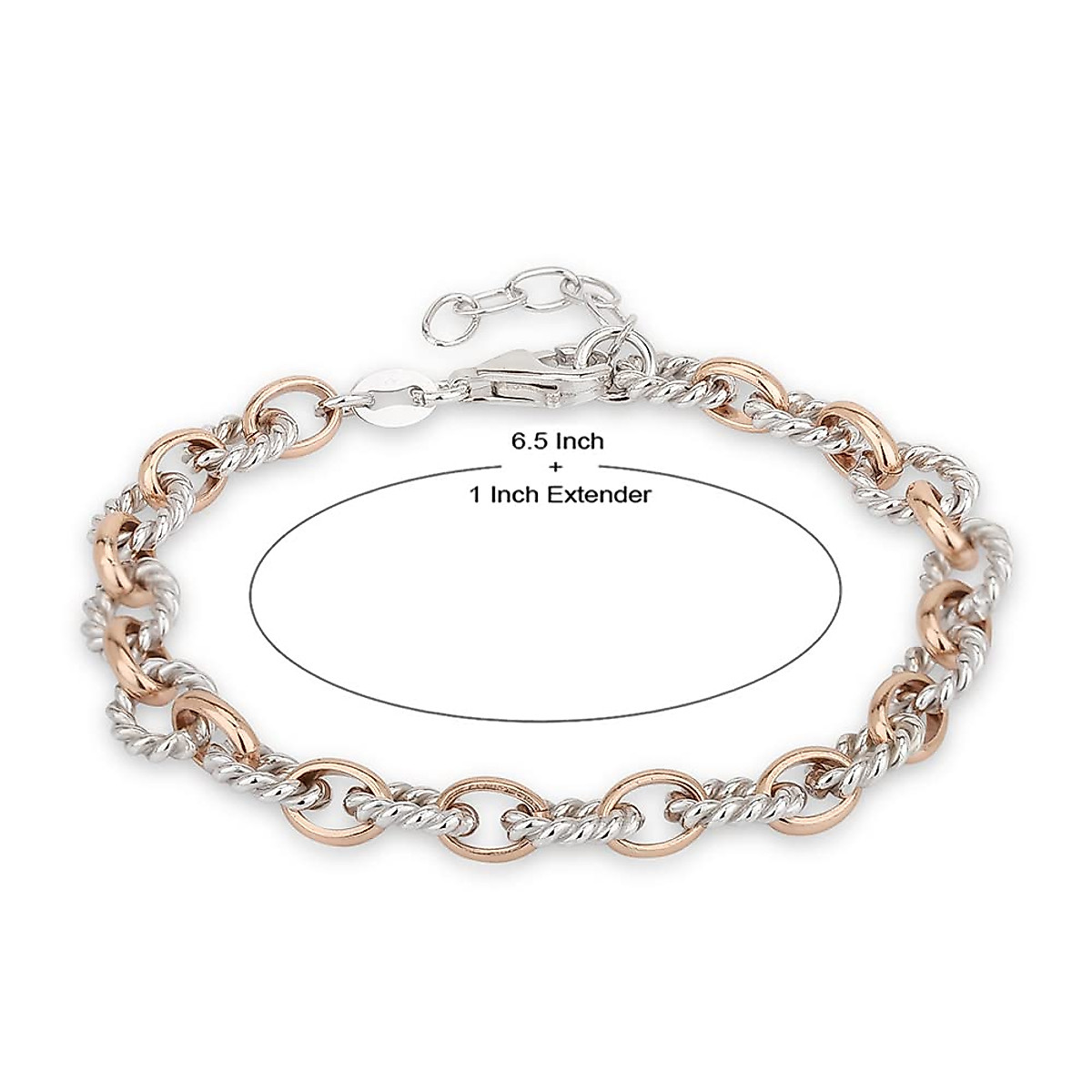 Vanbelle Sterling Silver Jewelry - Silver and Rose Gold Plated with 925 Stamp - Twisted Wire Link Chain Bracelet - Elegant Handcrafted for Women - 6.5" long + 1" extender