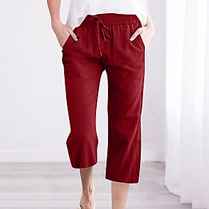 Womens Capris for Summer Capri Pants Casual 2023 Summer Drawstring Elastic High Waist Linen Pant Straight Wide Leg Cropped Trouser