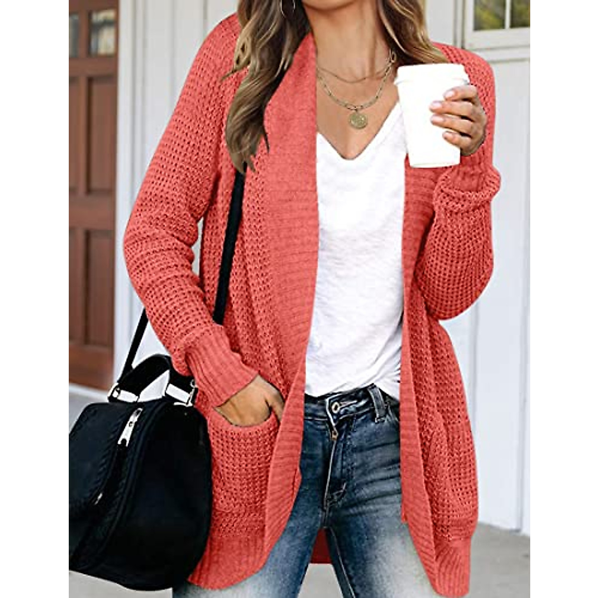 ZESICA Women's 2023 Fall Winter Long Sleeve Open Front Casual Lightweight Soft Knit Cardigan Sweater Outerwear,Watermelon,Medium