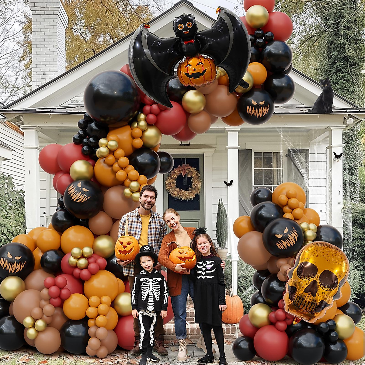 DBKL 160Pcs Halloween Balloon Garland Arch Kit, Black Dusty Orange Yellow Gold Halloween Balloon Arch with Giant Pumpkin Skull Bat Foil Balloons 3D Bat Stickers for Halloween Party Decorations