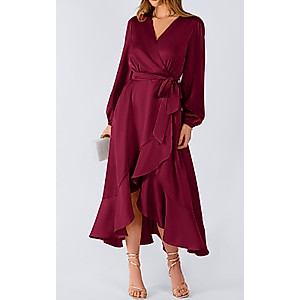 PRETTYGARDEN Women's Satin Fall Dress Semi Formal Satin Long Sleeve Wrap V Neck Ruffle Belted A-Line Flowy Maxi Dresses (Wine Red,Small)