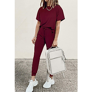 PRETTYGARDEN Women's Two Piece Outfit Short Sleeve Pullover with Drawstring Long Pants Tracksuit Jogger Set (Wine Red,XX-Large)