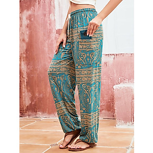 QIANXIZHAN Women's Harem Pants, Hippie Palazzo Pants Boho Joggers Yoga Clothes with Pockets Cyan Flower 2XL