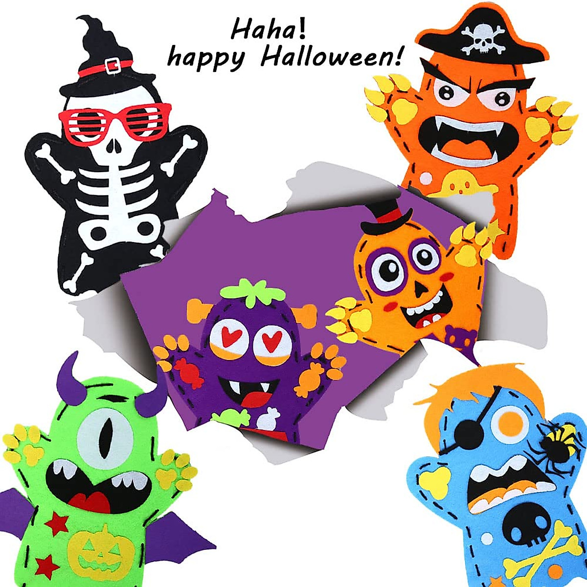 Yaveron 6PCS Halloween DIY Hand Puppets Sewing Craft Kit for Kids Felt Sewing Art Toys, Story Telling, Introduction to Sewing, Manual Activity