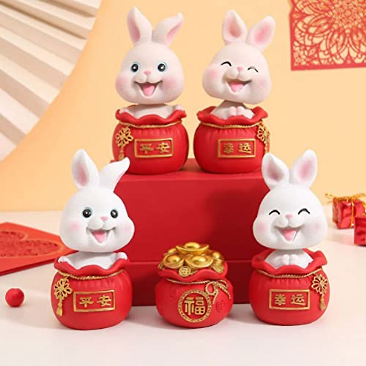 NOLITOY 3PCS 2023 Miniature Rabbit Figures, Chinese Year of The Rabbit Ornament, Resin Bunny Statue with Lucky Money Bag for Souvenir Gift DIY Micro Garden Landscape Bonsai