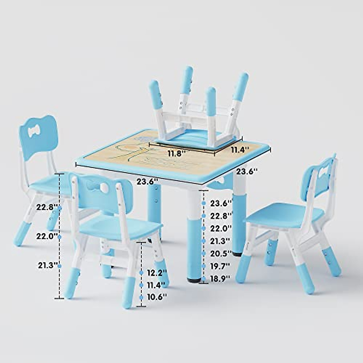 Brelley Toddler Table and Chairs Set for 4,Kids Study Table and Chair Set, Height-Adjustable, Graffiti Desktop, Children Activity Table for Daycare, Classroom, Home