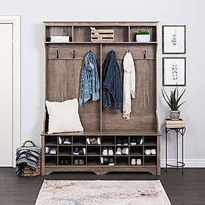 Prepac Drifted Gray Hall Tree with Bench and Shoe Storage, 60"W x 77"H x 15.5"D - 24 Shoe Cubby, Mudroom Bench with Storage and Hooks