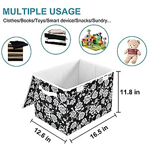 CaTaKu Black Rose Boho Storage Bins with Lids Fabric Large Storage Container Cube Basket with Handle Decorative Storage Boxes for Organizing Clothes Shelves
