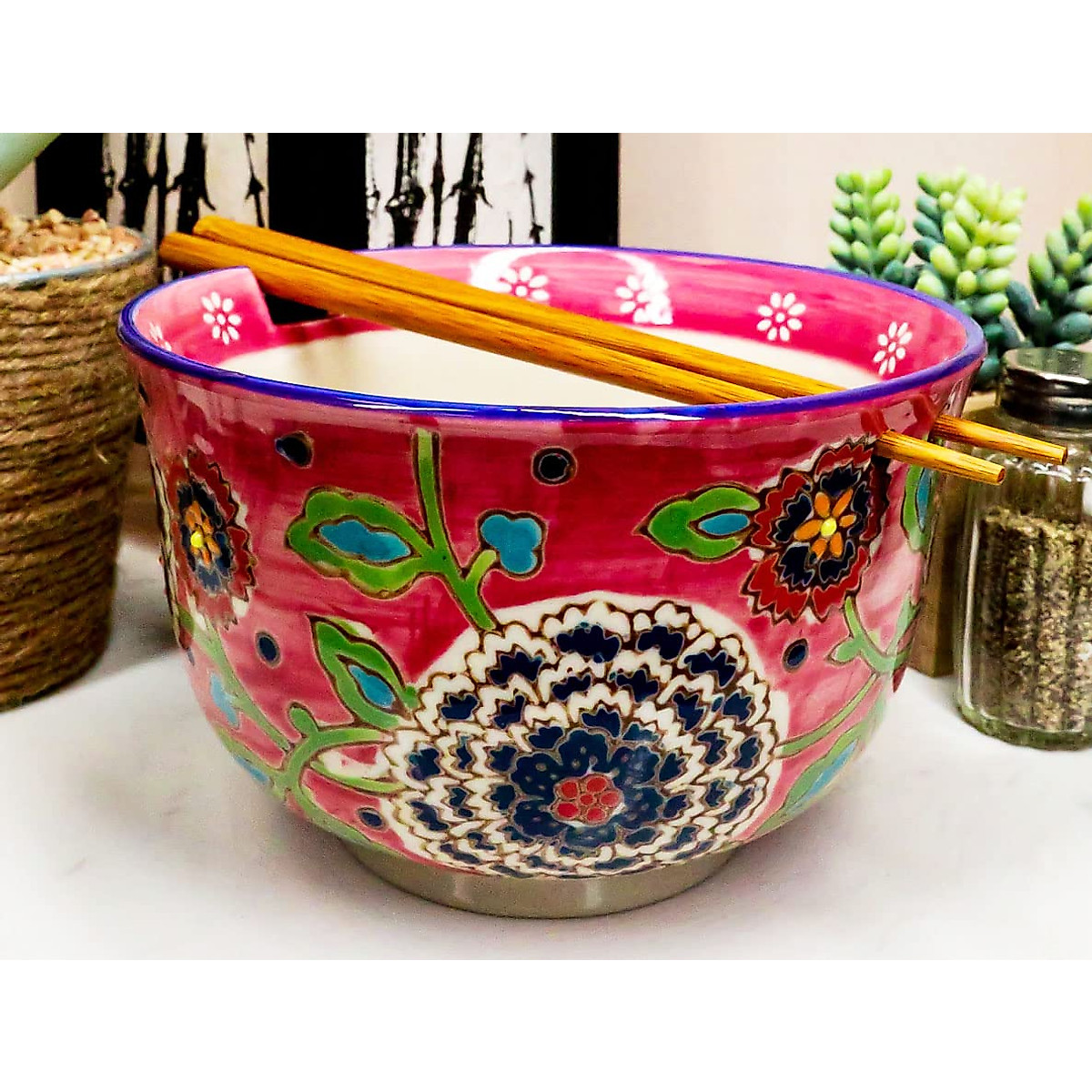Ebros Mandala Floral Blooms With Pink Polkadot Art Splash Ramen Udon Noodles Large 6.25" Diameter Soup Bowl With Built In Rest and Bamboo Chopsticks Set for Rice Pasta Salad